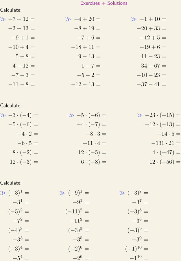 Exercises for operations on numbers